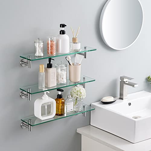 KES Glass Shelf for Bathroom Rectangular 20-Inch Floating Shelves 3 Pack with Rustproof Stainless Steel Brackets Wall Mounted Brushed Finish, A2021-2-P3