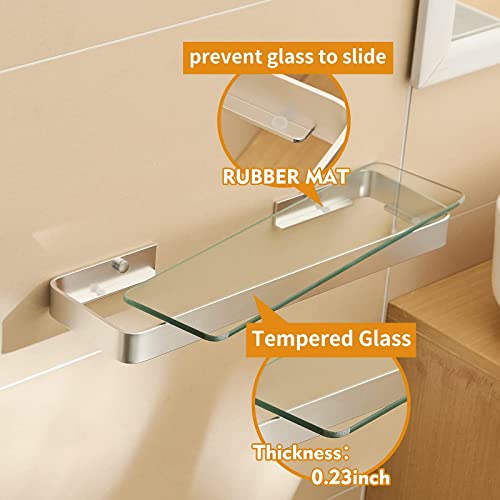 Danpoo Floating Shelf Bathroom Wall Shelf, 16“ Tempered Glass Shelf Wall Mounted(Matte Silver)