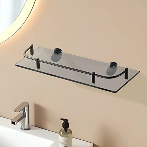 VASUHOME 2 Tier Bathroom Glass Shelves, Tempered Glass Bathroom Wall Organizer with Black Guardrail, and 2 Metal Hooks - Wall Mounted Rectangular Shelves for Storage and Display