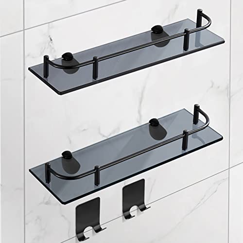 VASUHOME 2 Tier Bathroom Glass Shelves, Tempered Glass Bathroom Wall Organizer with Black Guardrail, and 2 Metal Hooks - Wall Mounted Rectangular Shelves for Storage and Display