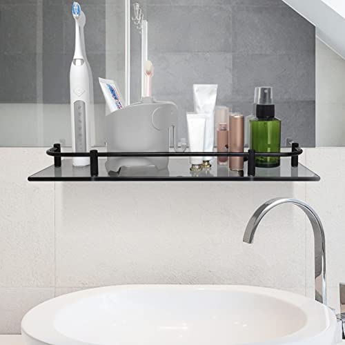 VASUHOME 2 Tier Bathroom Glass Shelves, Tempered Glass Bathroom Wall Organizer with Black Guardrail, and 2 Metal Hooks - Wall Mounted Rectangular Shelves for Storage and Display