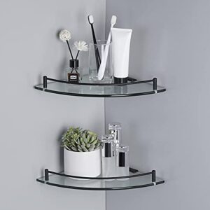 KES Bathroom Glass Corner Shelf Tempered Glass Shelf with Rail Wall Mount Corner Shelf SUS 304 Stainless Steel Matte Black 2 Pack, BGS2101A-BK-P2