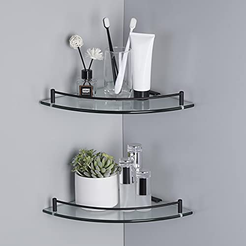 KES Bathroom Glass Corner Shelf Tempered Glass Shelf with Rail Wall Mount Corner Shelf SUS 304 Stainless Steel Matte Black 2 Pack, BGS2101A-BK-P2