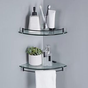 KES Bathroom Glass Corner Shelf Tempered Glass Shelf with Rail Wall Mount Corner Shelf SUS 304 Stainless Steel Matte Black 2 Pack, BGS2101A-BK-P2