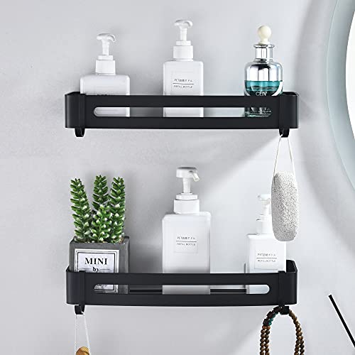 Black Shower Caddy, Metal Shower Shelf Wall Mounted Bathroom Shelves with Hooks, Shower Organizer for Shampoo, Bathroom Wall Storage Basket, No Drilling, Antirust (2 Tiers)