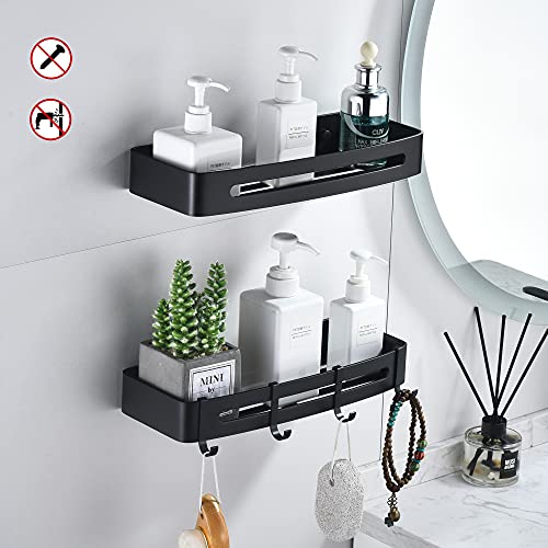 Black Shower Caddy, Metal Shower Shelf Wall Mounted Bathroom Shelves with Hooks, Shower Organizer for Shampoo, Bathroom Wall Storage Basket, No Drilling, Antirust (2 Tiers)