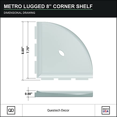 Questech Décor 8 Inch Corner Shower Shelf Bathroom Caddy, Lugged For New Construction, Corner Shower Shelf For Tiled Shower Walls, Corner Bathroom Shelf, 8 Inch Metro Lugged, Bright White Matte