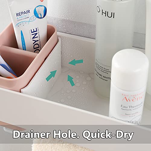 MORNITE Adhesive Bathroom Wall Caddy, Bathroom Shower Rrganizer Hanging Shelves No Drilling Shampoo Holder Pink