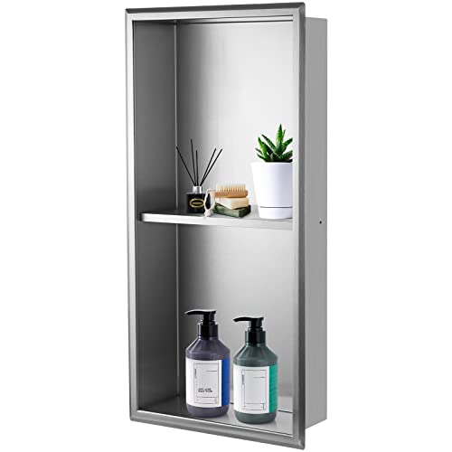 Sanbege 12"×24" Shower Niche with Divider, Brushed Stainless Steel Bathroom Shelf Insert, Double Recessed Shower Caddy Fits for 10-7/8" x 22-7/8" Wall Hole Installation (Nickel)