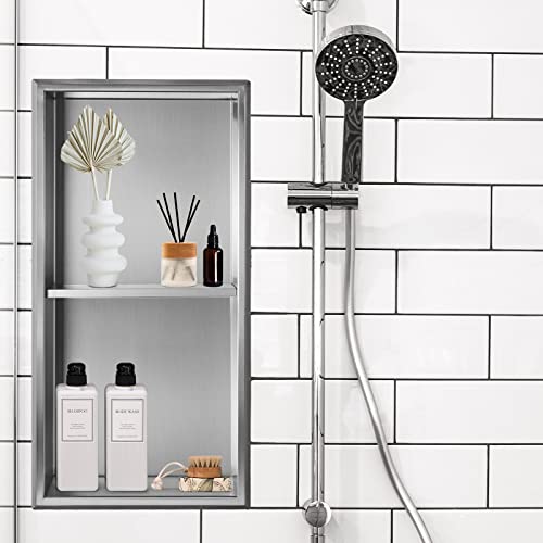 Sanbege 12"×24" Shower Niche with Divider, Brushed Stainless Steel Bathroom Shelf Insert, Double Recessed Shower Caddy Fits for 10-7/8" x 22-7/8" Wall Hole Installation (Nickel)