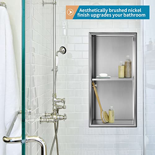 Sanbege 12"×24" Shower Niche with Divider, Brushed Stainless Steel Bathroom Shelf Insert, Double Recessed Shower Caddy Fits for 10-7/8" x 22-7/8" Wall Hole Installation (Nickel)