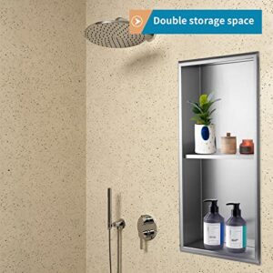 Sanbege 12"×24" Shower Niche with Divider, Brushed Stainless Steel Bathroom Shelf Insert, Double Recessed Shower Caddy Fits for 10-7/8" x 22-7/8" Wall Hole Installation (Nickel)