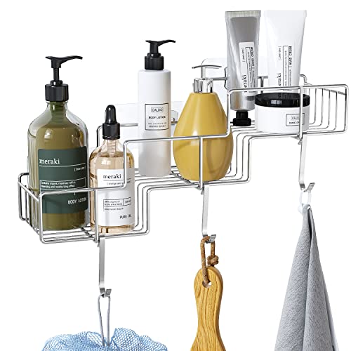 FANHAO Shower Caddy Basket with Hooks for Shampoo Conditioner Bathroom Shelf Storage Organizer Adhesive No Drilling Wall Mounted, Rustproof SUS304 Stainless Steel