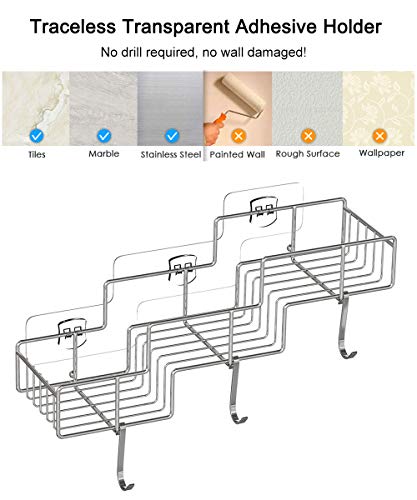 FANHAO Shower Caddy Basket with Hooks for Shampoo Conditioner Bathroom Shelf Storage Organizer Adhesive No Drilling Wall Mounted, Rustproof SUS304 Stainless Steel