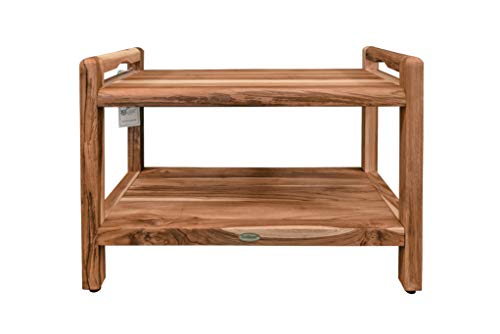 EcoDecors Teak Shower Bench 29" Wood Shower Seat Stool with Storage Shelf and LiftAide Arms, Eleganto Shower Bench for Indoors and Outdoors