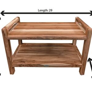 EcoDecors Teak Shower Bench 29" Wood Shower Seat Stool with Storage Shelf and LiftAide Arms, Eleganto Shower Bench for Indoors and Outdoors