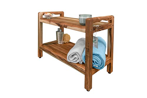 EcoDecors Teak Shower Bench 29" Wood Shower Seat Stool with Storage Shelf and LiftAide Arms, Eleganto Shower Bench for Indoors and Outdoors