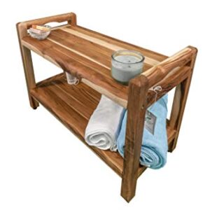 EcoDecors Teak Shower Bench 29" Wood Shower Seat Stool with Storage Shelf and LiftAide Arms, Eleganto Shower Bench for Indoors and Outdoors