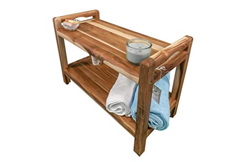 EcoDecors Teak Shower Bench 29" Wood Shower Seat Stool with Storage Shelf and LiftAide Arms, Eleganto Shower Bench for Indoors and Outdoors