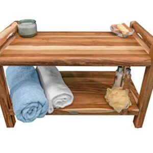 EcoDecors Teak Shower Bench 29" Wood Shower Seat Stool with Storage Shelf and LiftAide Arms, Eleganto Shower Bench for Indoors and Outdoors