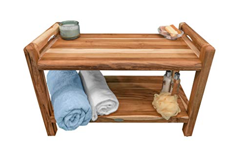 EcoDecors Teak Shower Bench 29" Wood Shower Seat Stool with Storage Shelf and LiftAide Arms, Eleganto Shower Bench for Indoors and Outdoors