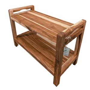 EcoDecors Teak Shower Bench 29" Wood Shower Seat Stool with Storage Shelf and LiftAide Arms, Eleganto Shower Bench for Indoors and Outdoors