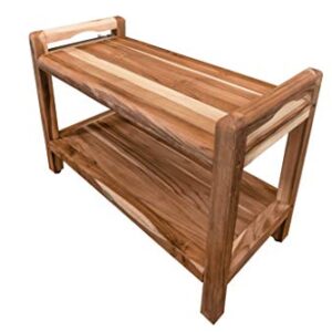 EcoDecors Teak Shower Bench 29" Wood Shower Seat Stool with Storage Shelf and LiftAide Arms, Eleganto Shower Bench for Indoors and Outdoors