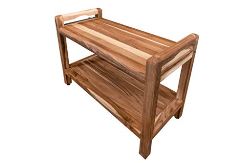 EcoDecors Teak Shower Bench 29" Wood Shower Seat Stool with Storage Shelf and LiftAide Arms, Eleganto Shower Bench for Indoors and Outdoors