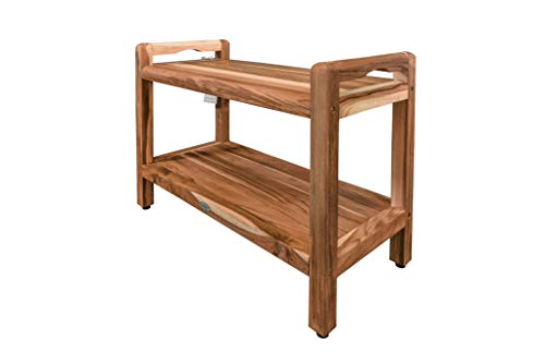 EcoDecors Teak Shower Bench 29" Wood Shower Seat Stool with Storage Shelf and LiftAide Arms, Eleganto Shower Bench for Indoors and Outdoors