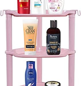 3 Tier Shower Caddy Organizer Shelf Corner, 13.5 x 10 x 26 Inches, Rustproof, Plastic Shower Rack Stands for Inside Bathroom, Bathtub, Shower pan, Pink (Round Slot Pink 3 Tier)