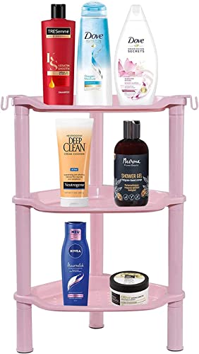 3 Tier Shower Caddy Organizer Shelf Corner, 13.5 x 10 x 26 Inches, Rustproof, Plastic Shower Rack Stands for Inside Bathroom, Bathtub, Shower pan, Pink (Round Slot Pink 3 Tier)