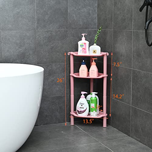 3 Tier Shower Caddy Organizer Shelf Corner, 13.5 x 10 x 26 Inches, Rustproof, Plastic Shower Rack Stands for Inside Bathroom, Bathtub, Shower pan, Pink (Round Slot Pink 3 Tier)