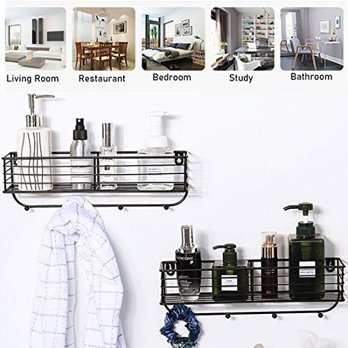 Metal Shower Caddy Bathroom Shelf, No Drilling Traceless Adhesive Bathroom Storage Organizer, Rustproof Food Storage Basket, 2-in-1 Kitchen Spice Racks ，Key Holder with Hook Wall Decoration Multi-function Rack - (Matte Black)