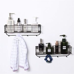 Metal Shower Caddy Bathroom Shelf, No Drilling Traceless Adhesive Bathroom Storage Organizer, Rustproof Food Storage Basket, 2-in-1 Kitchen Spice Racks ，Key Holder with Hook Wall Decoration Multi-function Rack - (Matte Black)