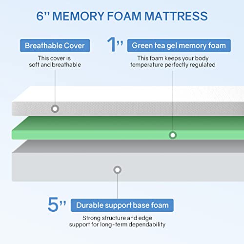 PayLessHere 6 Inch Green Tea Cooling Gel Memory Foam Mattress Full Size in a Box,Medium-Firm,Pressure Relief&Temperature Regulation,CertiPUR-US Certified,White