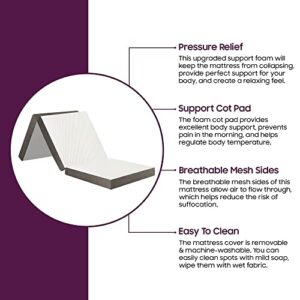 Mayton 3-Inch Portable Tri-Folding Capability Gel Memory Foam Mattress | Breathable Mesh Sides, Ultra Soft, Removable and Washable Cover, Comfortable Support, Cot Pad, Standard Size, 31-Inch, White