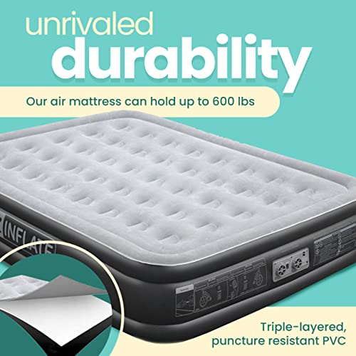 Air Mattress with Built in Pump - King Size Double-High Inflatable Mattress with Flocked Top - Easy Inflate, Waterproof, Portable Blow Up Bed for Camping & Travel