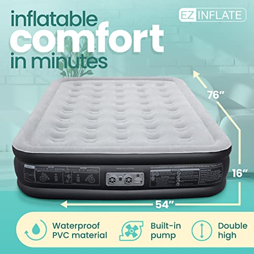 Air Mattress with Built in Pump - King Size Double-High Inflatable Mattress with Flocked Top - Easy Inflate, Waterproof, Portable Blow Up Bed for Camping & Travel