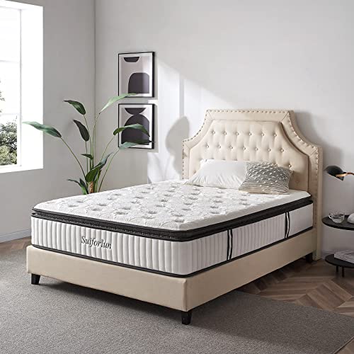 Suiforlun King Mattress 12 Inch, Pillow Top Cool Gel Memory Foam Hybrid Mattress with Luxury 7 Layers, 3 Zone Encased Coils Innerspring for Back Pain Relief, Medium Firm, 120 Nights Trial