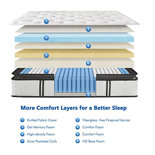 Suiforlun King Mattress 12 Inch, Pillow Top Cool Gel Memory Foam Hybrid Mattress with Luxury 7 Layers, 3 Zone Encased Coils Innerspring for Back Pain Relief, Medium Firm, 120 Nights Trial