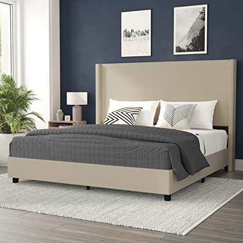 BizChair King Upholstered Platform Bed with Channel Stitched Wingback Headboard, Mattress Foundation with Slatted Supports, No Box Spring Needed, Beige