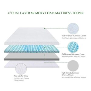 Novilla Mattress Topper Queen,4 "Medium Firm Memory Foam, Gel & Bamboo Charcoal Infused for Motion Isolation & Pressure Relieving, with Breathable Bamboo Cover, Queen Size, White (AC-NV0T801-4-Q)