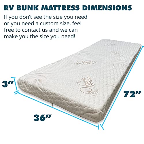 Foamma 3" x 36" x 72" Memory Foam Mattress for RV with Water Resistant Organic Cotton Cover, Firm High Density Foam Base, USA Made, CertiPUR-US Certified Foam