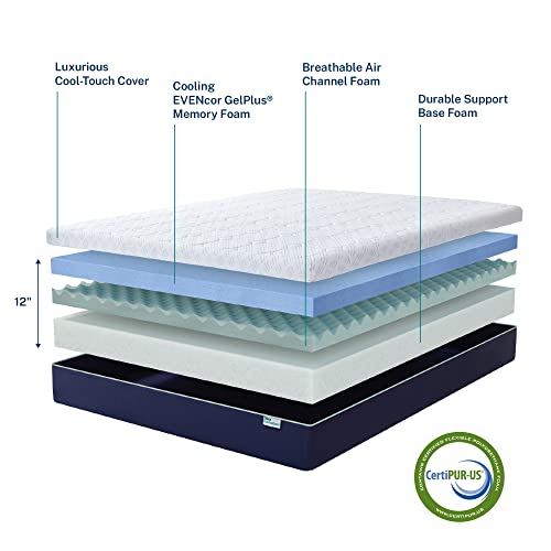 Sleep Innovations Ellis 12 Inch Advanced Cooling Gel Plus Memory Foam Mattress with Dual Cool Cover, Queen Size, Bed in a Box, Medium Support