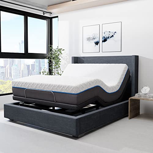 Blissful Nights 12" King Cool Gel Infused Plush Memory Foam Mattress with e4 Premium Adjustable Bed Frame Combo, Massage, USB, Zero Gravity, Anti-Snore, Nightlight (King)