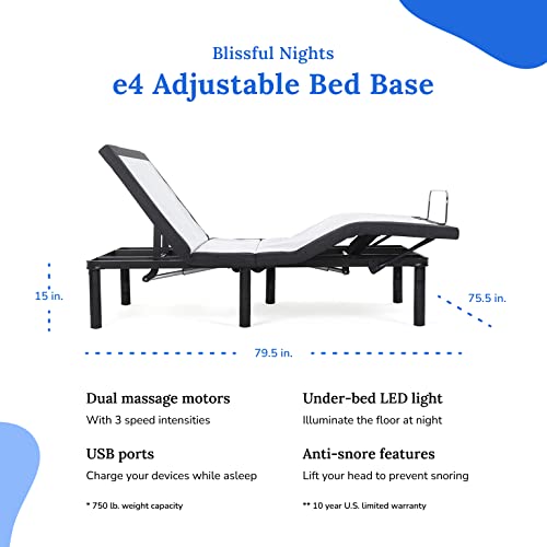 Blissful Nights 12" King Cool Gel Infused Plush Memory Foam Mattress with e4 Premium Adjustable Bed Frame Combo, Massage, USB, Zero Gravity, Anti-Snore, Nightlight (King)