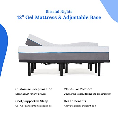 Blissful Nights 12" King Cool Gel Infused Plush Memory Foam Mattress with e4 Premium Adjustable Bed Frame Combo, Massage, USB, Zero Gravity, Anti-Snore, Nightlight (King)