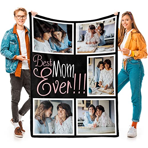 Printwoo Best Mom Ever Blanket Personalized with Own Photos, Custom Blankets with Photos, Mom Birthday Gifts from Daughter Son, Personalized Mothers Day Photo Gifts for Mom