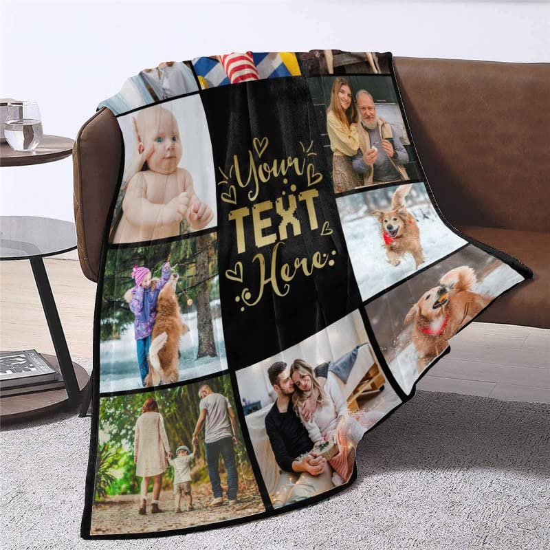 Custom Blanket Personalized Memorial Gift with Photo Text: Made in USA, Collage Customized Picture Blanket Birthday Anniversary Wedding Christmas Couples Gifts for Family Dad Mom Boyfriend- 5 Sizes