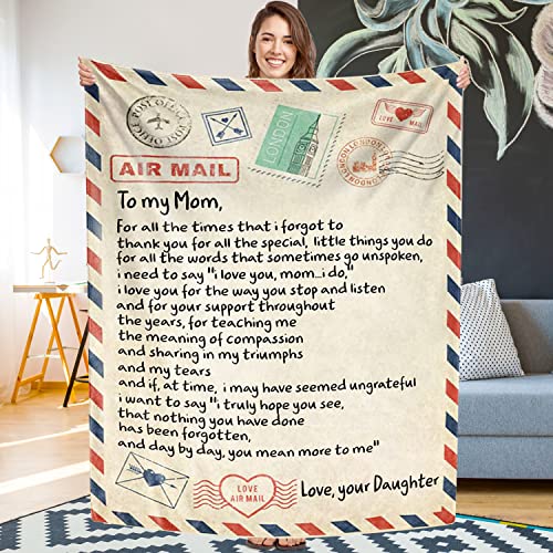 OFADD Blanket Love Letter to My Mom Personalized Printed Air Mail Throw Blankets for Couch Sofa Bed Supersoft Flannel Throws Birthday Indoor Home Decor 60” x 80”